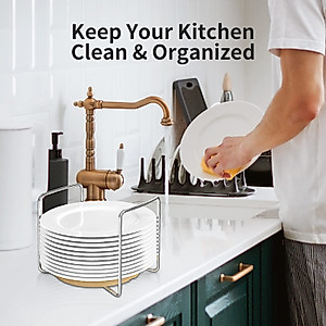 Bamboo Plate Holders for Dinner Plates, 2 Pack Adjustable Stainless Steel Plate Dish Rack Organizer with Portable Handle for Kitchen Drawer, Countertop, Cabinet, Shelf, Cupboard (Small and Large)