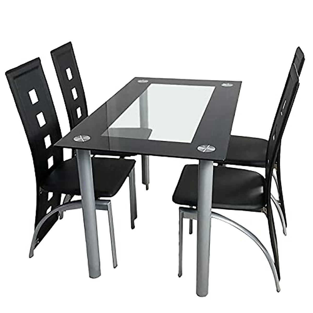 HomVent Dining Table Set for 4, Small Tempered Glass Dining Room Table Set, Kitchen Table and Chairs for Small Spaces, Transparent,White Modern 110cm, Stainless Steel PU Leather (Transparent & Black)