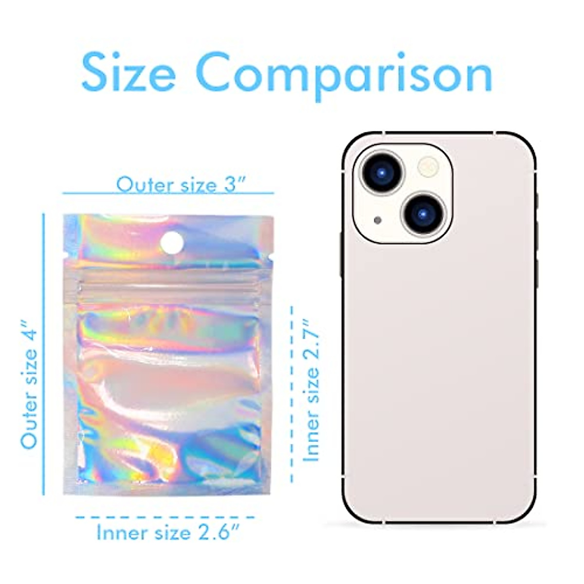 QTOP 100 Pieces Mylar Bags Holographic Packaging Bags, Foil Pouch Ziplock Bags for Food Storage and Lipgloss, Jewelry, Eyelash Packaging (3 X 4 inches)