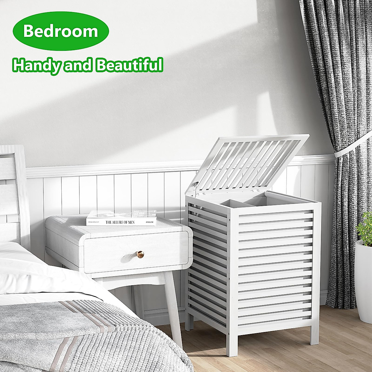 Laundry Hamper with Lid, 120 L Large Double hampers for laundry, Bamboo Two section divided Clothes Basket sorter for Bathroom, Bedroom with Removable Liner Bags,White