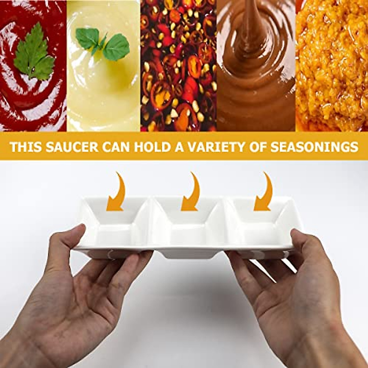 DOERDO 2PCS White Ceramic Serving Platters 3 Compartment Appetizer Serving Trays Snack Dishes, Divided Sauce Dishes for Restaurant Kitchen Spices Vinegar Nuts, 8 x 2.6 inch