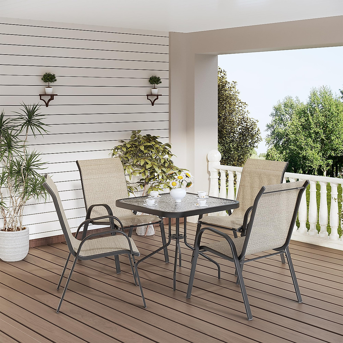 UDPATIO Patio Dining Set of 5, Outdoor Furniture Chairs and Square Table, Breathable Seat Fabric and Alloy Steel Frame for Backyard, Porch, Garden, Poolside (Brown)