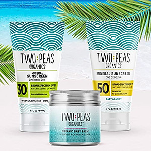 Two Peas Organics - All Natural Organic SPF 50 Sunscreen Lotion - Coral Reef Safe - Baby, Kid & Family Friendly - Chemical Free Mineral Based Formula - Waterproof & Unscented – 3oz