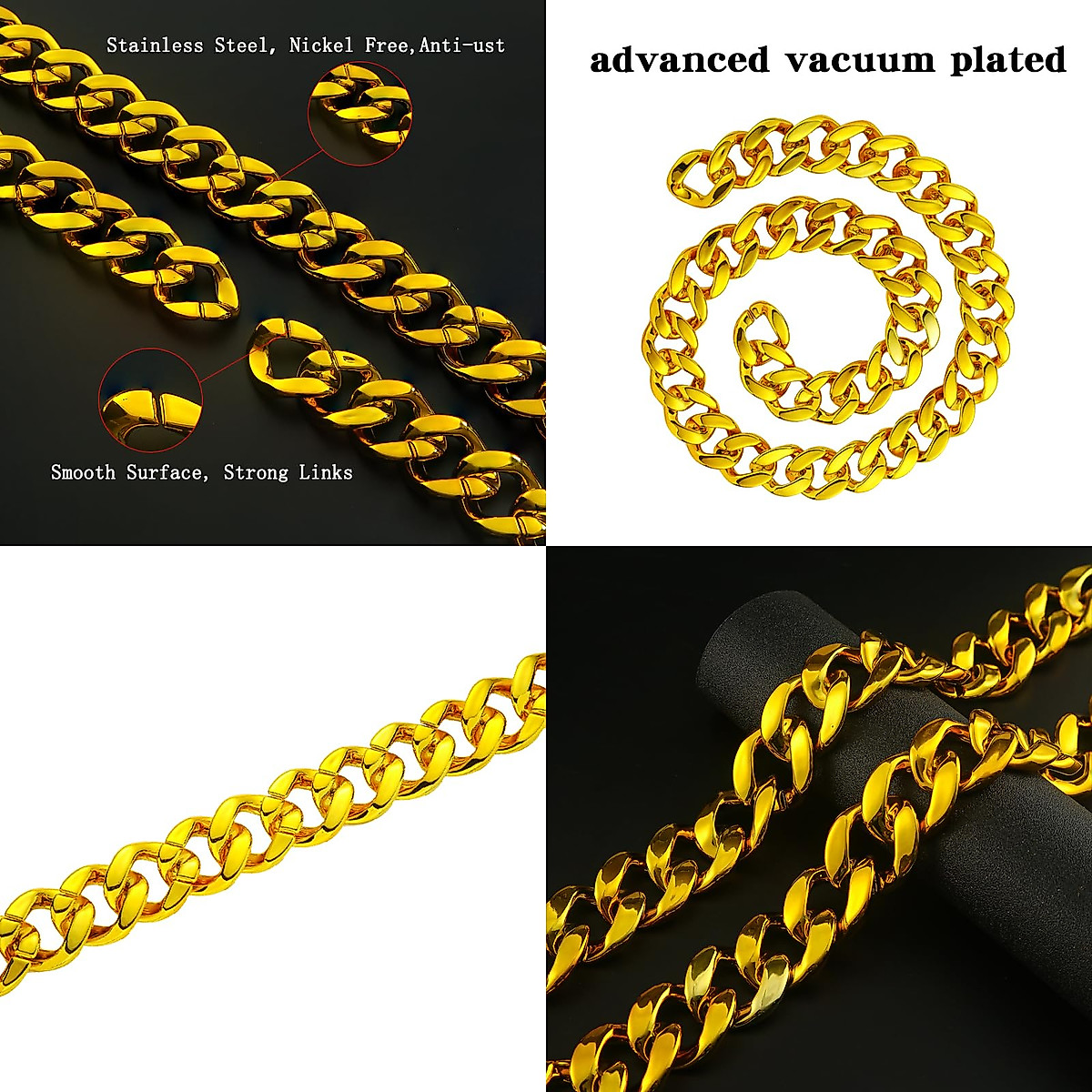 Sanglarst Gold Chain Necklace, 35.5 Inch Chunky Chain Golden Ultra Luxury Looking Feeling Real Solid 14K Gold plated Curb Fake Neck Chain for Party Dancing