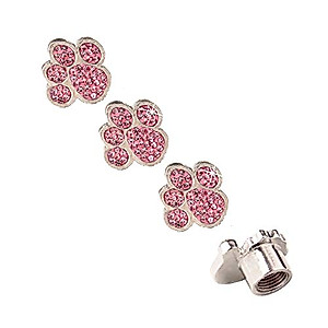 CB Handmade Bling Rhinestone Tire Valve Dust Caps Crystal Tire Air Sealing Cap for Car Styling, Paw Print - Pink, 4-Pcs