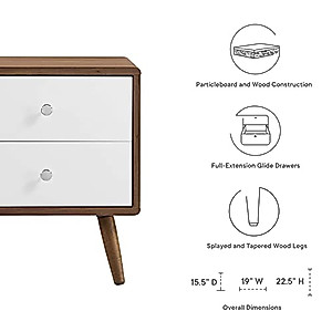 Modway Transmit Mid-Century Modern Wood Walnut White, 2-Drawer Nightstand