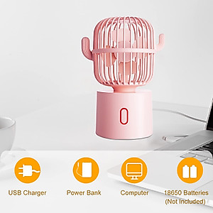 Growiner Cactus Fan, Cute Desk Fan Small Mini Office Desk Fan Quiet, 80 Degree Rotation USB Portable Fans 3 Speeds Strong Wind, Cactus Office Supplies, Personal Table Desktop Fan Decor (Green)