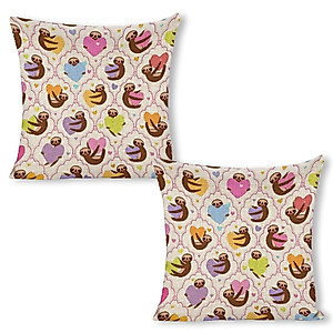 Sloth Colorful Heart Throw Pillow Covers 18×18 Pillowcases Set of 2 Valentine's Day Cute Linen Decorative Square Pillow Case Cushion Covers Standard Size for Sofa Couch Outdoor Bed Pillow Protectors