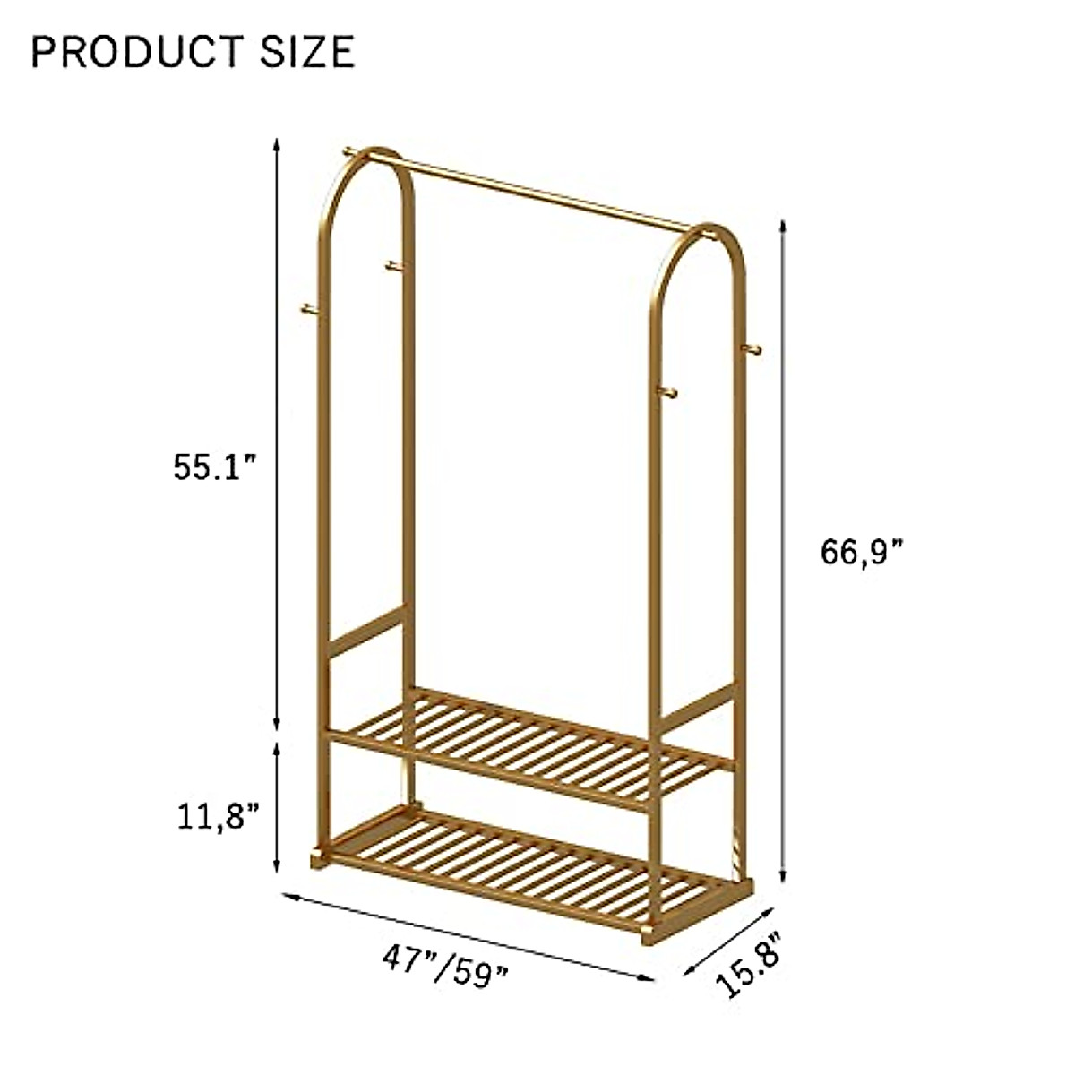 MAIKAILUN 2- layer Clothing Rack Gold,Modern Industrial Clothes Rack for hanging Clothes with Top Rod and Bottom Shelves, Multi-functional Heavy Duty Garment Rack Cloest Organizer and 6 Hooks (59")