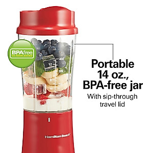 Hamilton Beach Portable Blender for Shakes and Smoothies with 14 Oz BPA Free Travel Cup and Lid, Durable Stainless Steel Blades for Powerful Blending Performance, Red (51101RV)