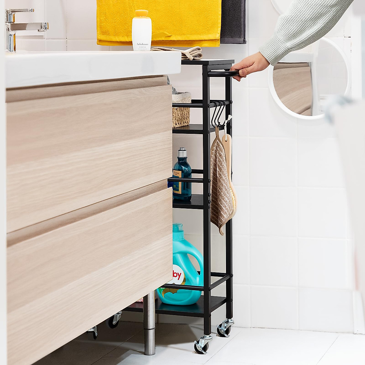 LOAKEKEL Slim Rolling Cart, 4-Tier Storage Cart on Wheels, Narrow Kitchen Cart with 6 Hooks for Small Spaces, 7.87" Deep, Mobile Shelving Unit Utility Cart for Dining Room, Bathroom, Black HKC04BK-1
