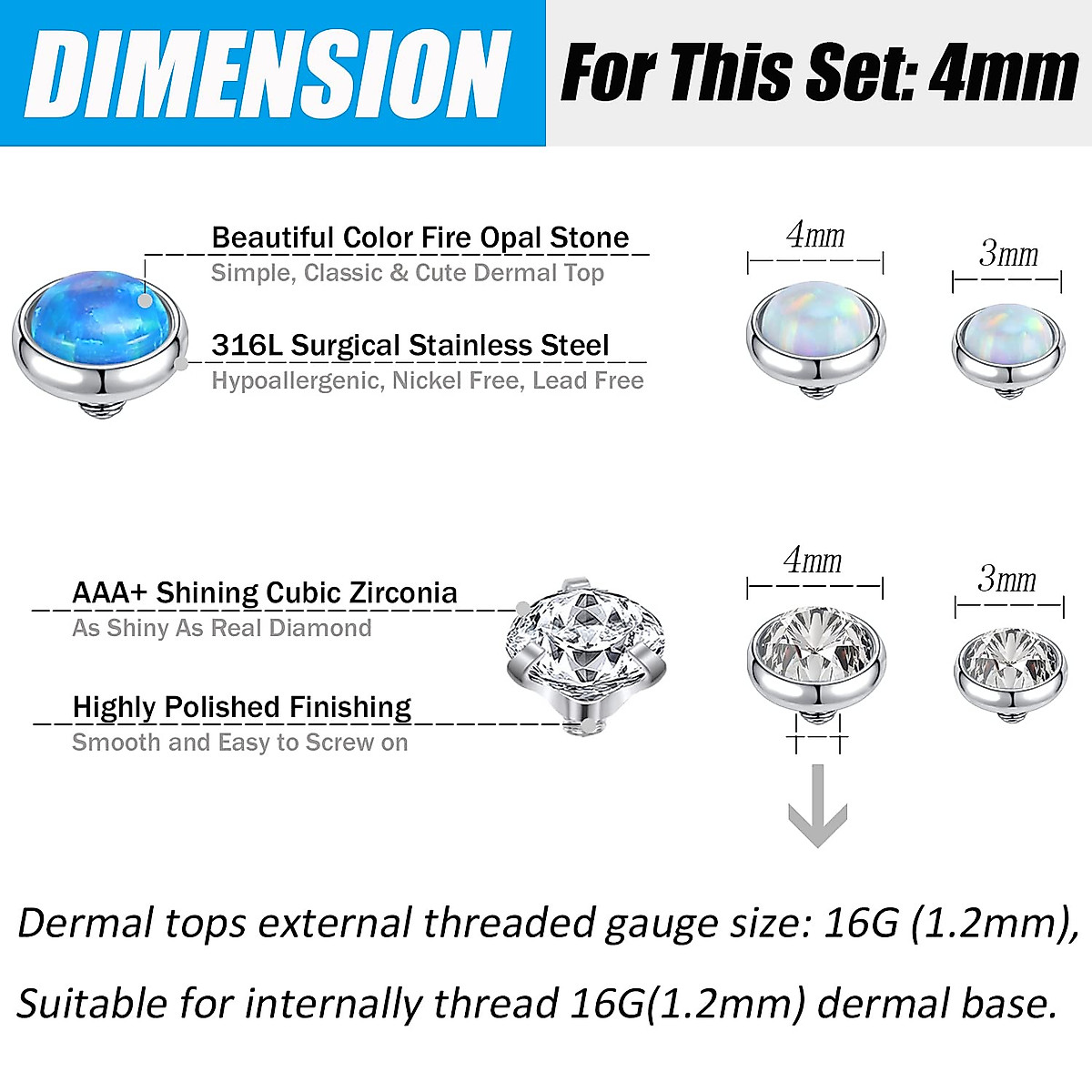 ZS 9PCS Opal 16G Dermal Anchor Tops 3mm 4mm, 14G Surgical Steel Internally Threaded Base Microdermal Piercing Jewelry for Women Men (B:4mm)
