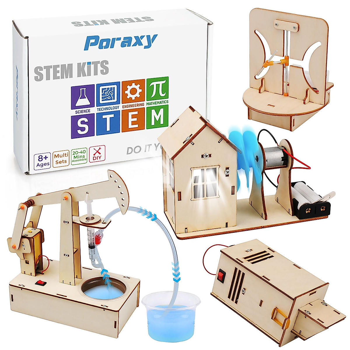 Poraxy 4 Set STEM Kits for Kids Ages 8-10, Science Experiment Projects Building Kits, Wooden 3D Puzzles, Educational Building Toys for Ages 8-12-13, Gifts for 8,9,10,11,12 13 Year Old Boys and Girls