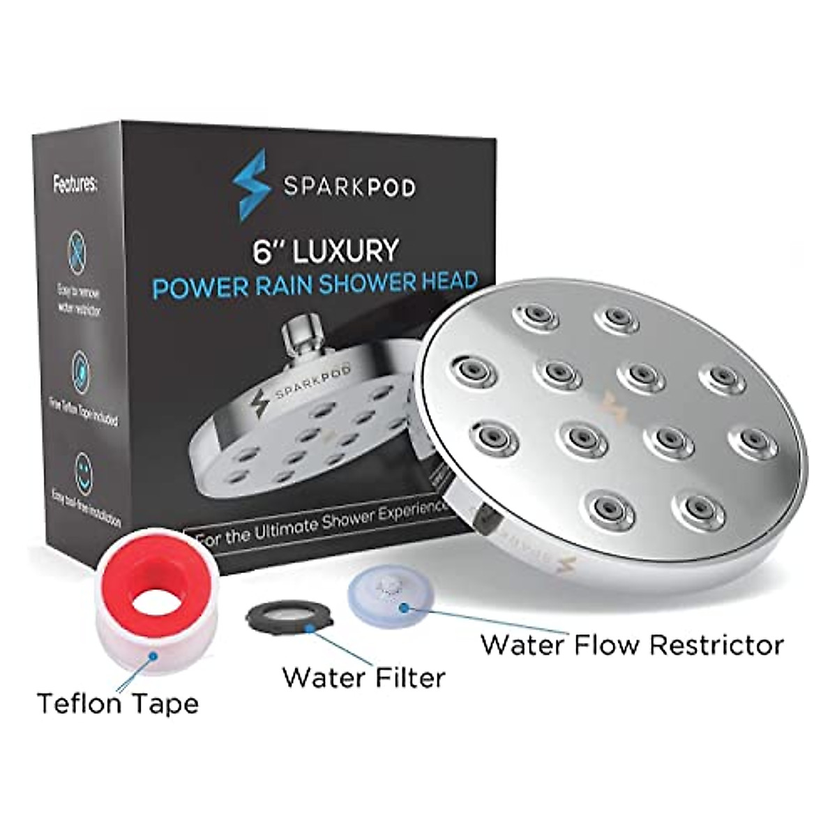 SparkPod Power Rain Shower Head- High Pressure Rainfall Shower Head- Unique Wide Spray Pattern Emulates a Rainstorm- Luxury Modern Look- No Hassle 1-Min Install (2.5GPM, Luxury Polished Chrome)
