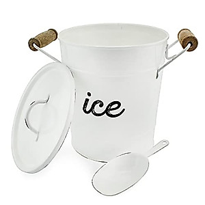 AuldHome Rustic Enamelware Ice Bucket; White Farmhouse Style Insulated Ice Server