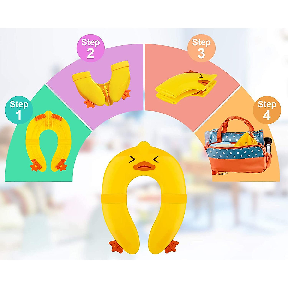 POKANIC Toilet Potty Training Seat Cover, Travel Toilet Seat, Folding Non Slip Silicone Pads, Travel Portable Reusable Kids Toddlers Boys Girls, Carry Bag (Yellow - Duck)