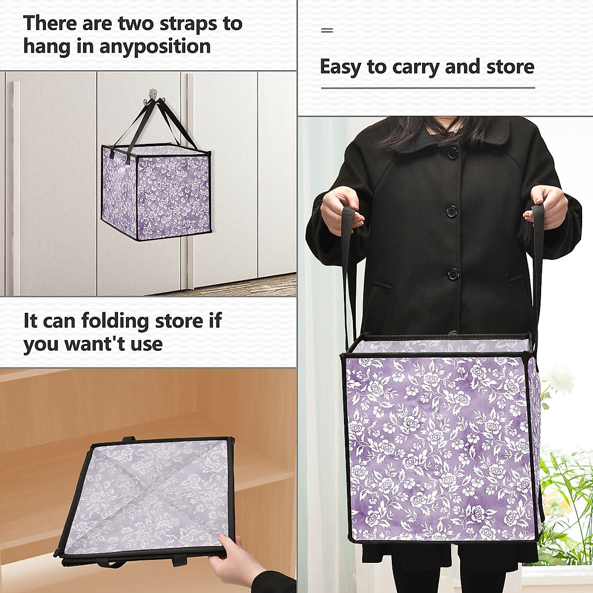 XIOMARA Foldable Storage Bins,Purple Pattern White Flowers Storage Baskets Cubes with Handles for Closet Nursery Office Grey and Black Trim (10.63x10.63x10.63in)