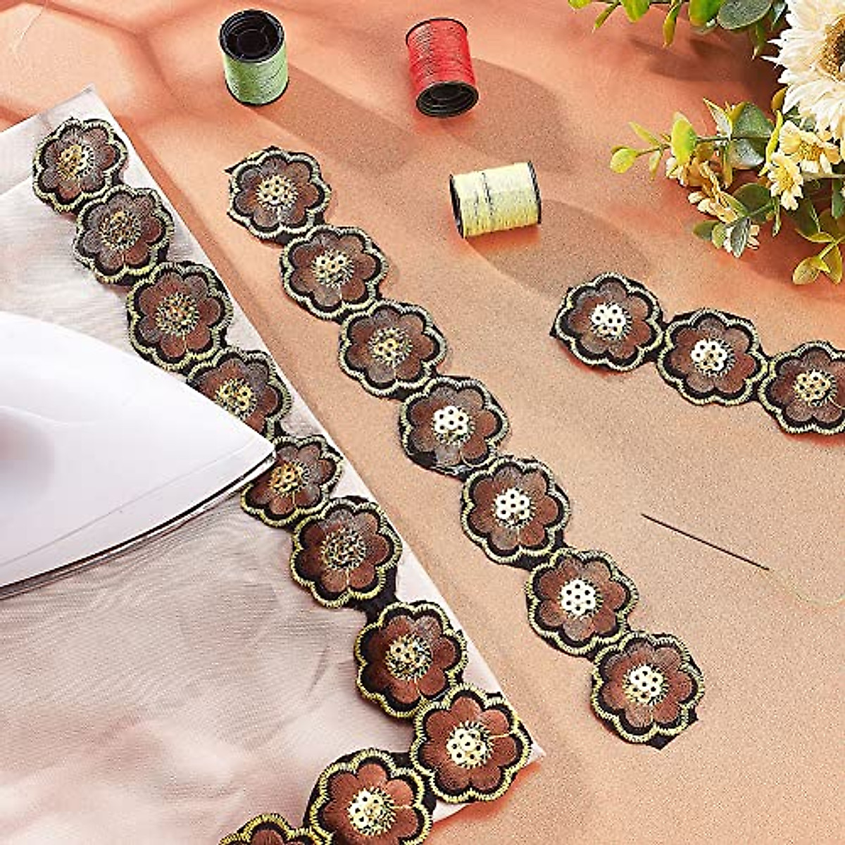 PH PandaHall 5 Yards Floral Embroidery Lace Trim, 1.6 inch Ethnic Jacquard Ribbon Flower Sewing Craft Edge Trim for Costume Bags Curtain Upholstery Home Decor, Saddle Brown