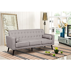 Container Furniture Direct S5302-L Valadez Linen Upholstered Tufted Mid-Century Modern Loveseat with Bolsters, Light Brown