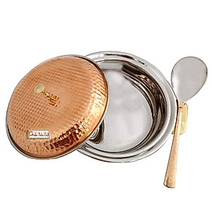 Prisha India Craft Hammered Steel Copper Casserole Donga Bowl/Copper Handi With Lid And Serving Spoon, Tableware & Serveware | Capacity 850 ML
