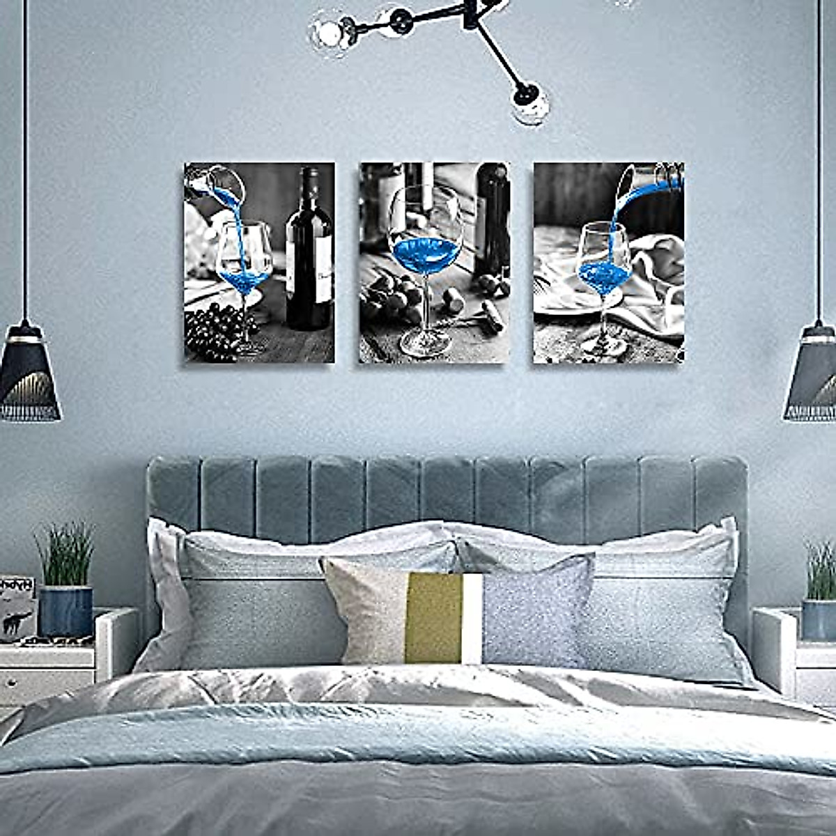 Canvas Wall Art For Kitchen Wall Decor For Dining Room Black And White Wine Glasses Painting Modern Blue Wine Canvas Art Prints Ready To Hang Pictures For Restaurant Home Decorations 12"X16" 3 Pieces