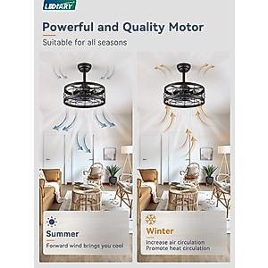 LEDIARY 16.5 inch Black Caged Ceiling Fan with Light, Bladeless Industrial Ceiling Fan with Remote, Farmhouse Fan Lights Ceiling Fixtures for Kitchen, Bedroom, Outdoor（6 Speed, Timing）-Black