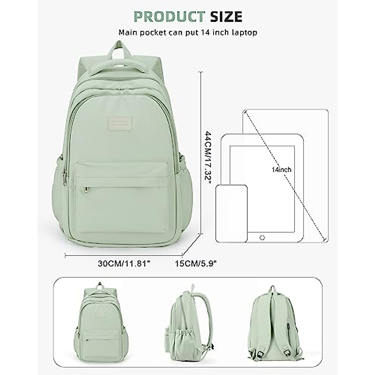 BOXSAM Lightweight School Backpack for Women Men, Laptop Travel Casual Daypack College Secondary School Bags Bookbag for Teenage Girls Boys, Green