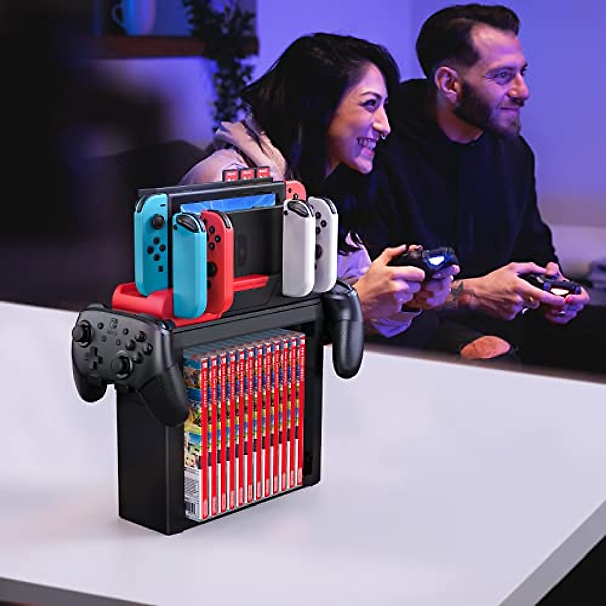 Switch Games Storage Organizer Station with Controller Charging Stand, Charging Dock Compatible with Nintendo Switch, Multifunctional Accessories Kit Storage for Joy-con, Pro Controller, Game Card