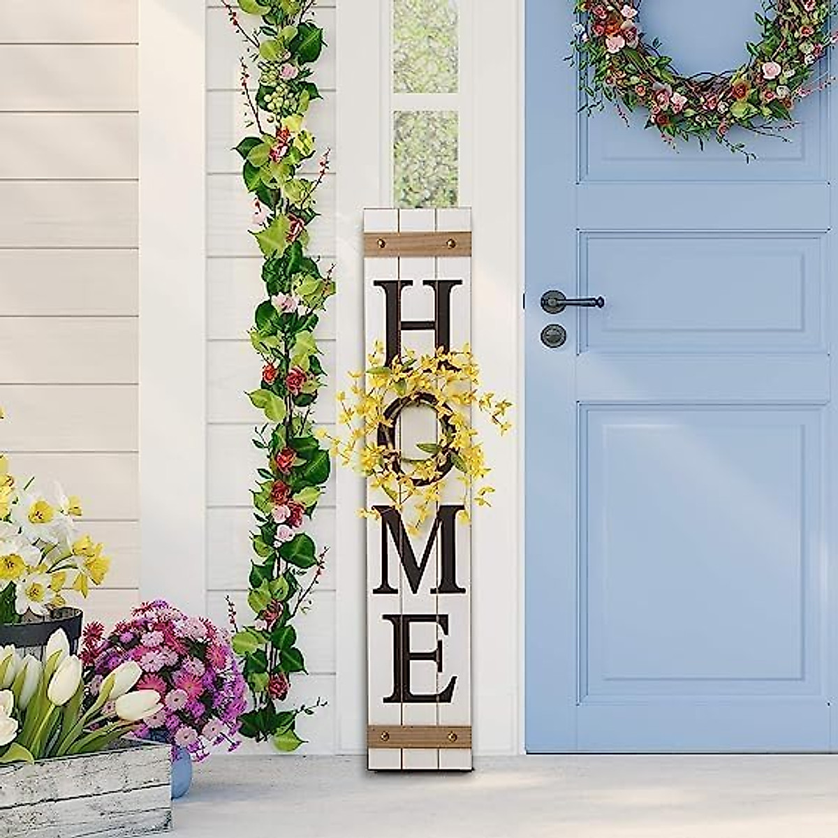 Glitzhome JK44369 Wooden Rustic Farmhouse Wall Hanging Porch Decor with 3 Changeable Floral Wreath, 42”H, Home Welcome Sign for Front Door, Rectangular, White