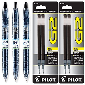 Pilot BeGreen B2P Retractable Gel Ink Pens, Fine Point 0.7mm, Pack of 3 with Bonus Refills