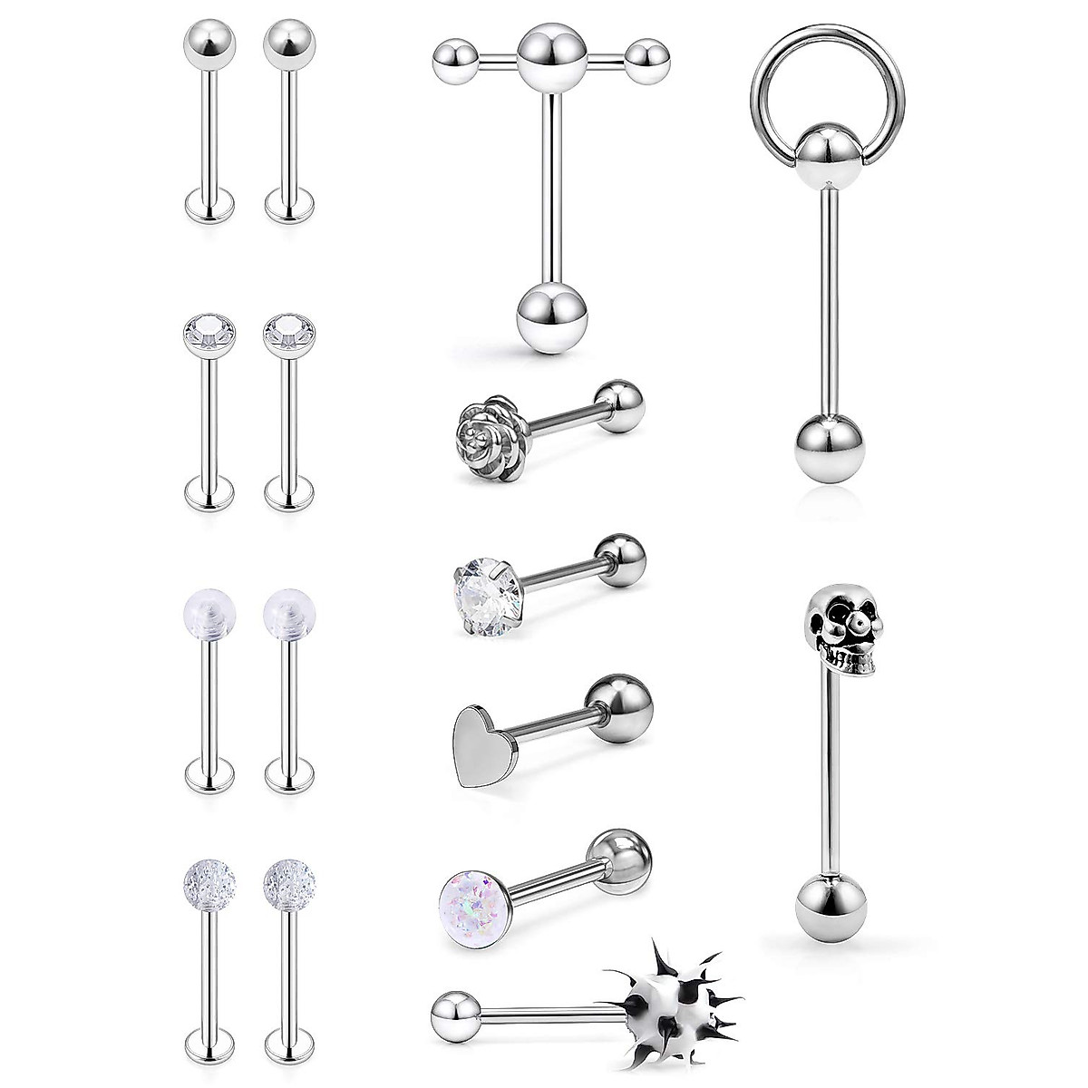 SCERRING 14G Tongue Rings Stainless Steel Rose Skull Heart Cheek Tongue Nipple Ring Body Piercing Jewelry Retainer 16PCS Silver
