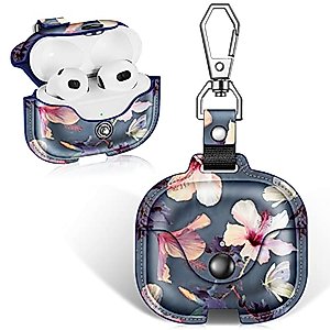 Fintie Protective Case for AirPods 3 (2021), Premium PU Leather Slim Fit Metal Snap Closure Portable Cover Skin with Keychain for AirPods 3rd Generation, Blooming Hibiscus