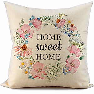 FIBEROMANCE Spring Pillow Cover 18x18 Flower Pillow Home Sweet Home Spring Floral Garden Wreath Farmhouse Décor Throw Pillow Covers Pillow Case for Sofa Couch Home Decoration