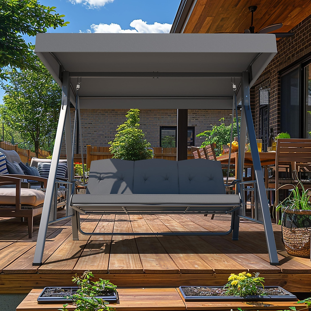 MUPATER Patio Porch Swing Chair, 3-Seat Outdoor Canopy Swing Glider with Stand and Cushion for Outside, Backyard and Deck, Grey