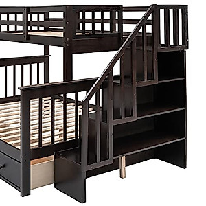 Twin Over Full Bunk Bed with Storage Drawer, Wood Bunk Beds with Stairway, Storage Shelf and Full-Length Guard Rail, Kids bunk Bed Twin Over Full, No Box Spring Needed (Espresso)