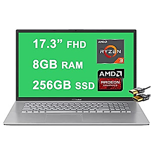 ASUS (Renewed) VivoBook 17 Business Laptop 17.3” FHD Display AMD Ryzen 3 3250U Processor 8GB RAM 256GB SSD AMD Radeon Graphics USB-C SonicMaster Bluetooth Win10 Silver + HDMI Cable