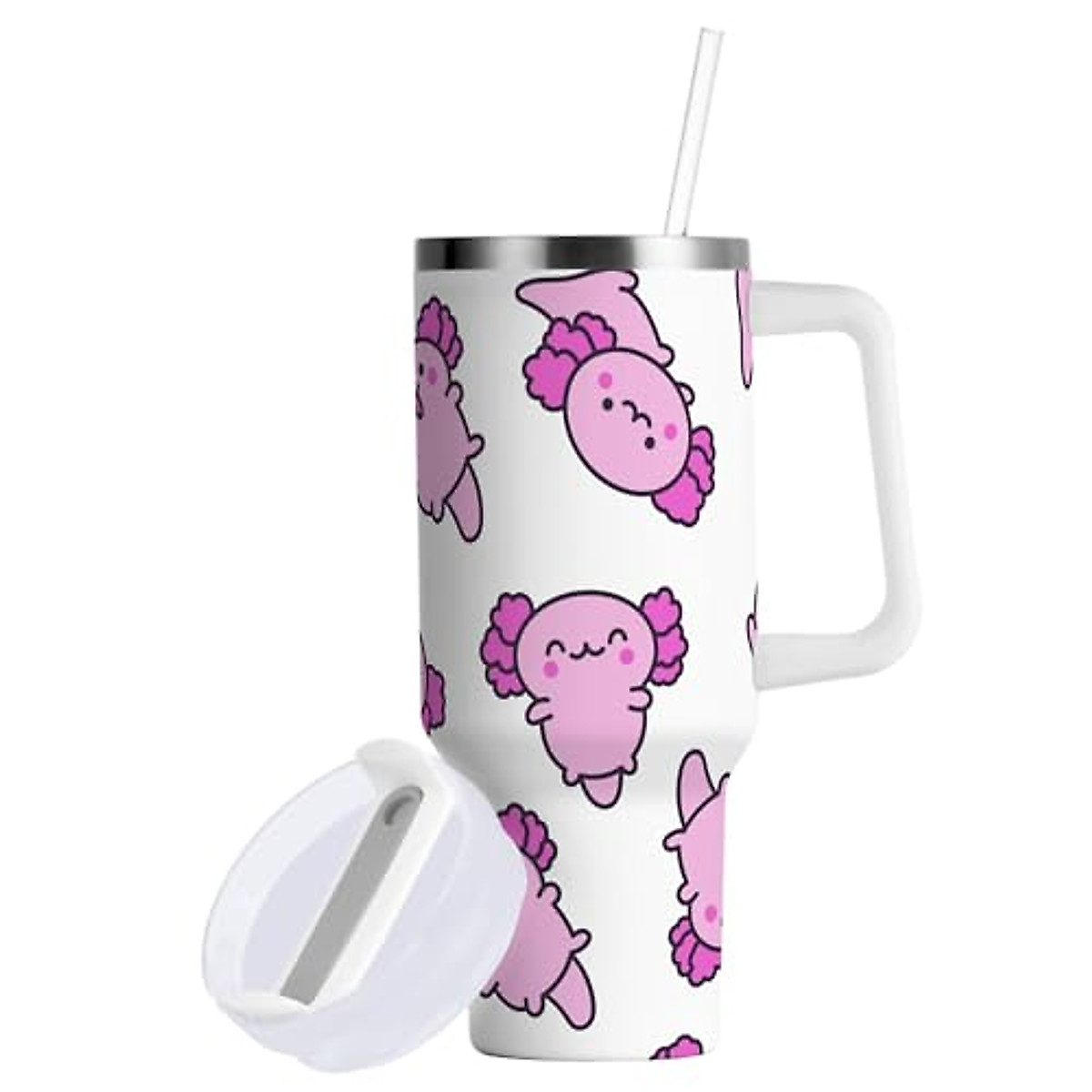 DIGTIA Stainless Steel Insulated Tumbler w/Handle & Straw, Axolotl Cute Double Wall Vacuum Travel Coffee Mug Cup w/Lid, Leak-Proof Sports Pink Water Bottle,30oz
