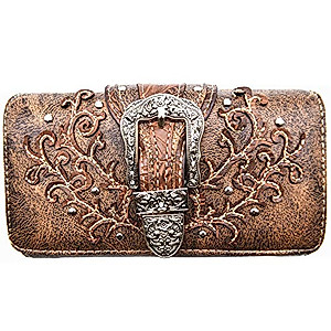 Western Style Tooled Leather Conceal Carry Purse Buckle Country Large Totes Handbag Women Shoulder Bag Wallet Set Brown