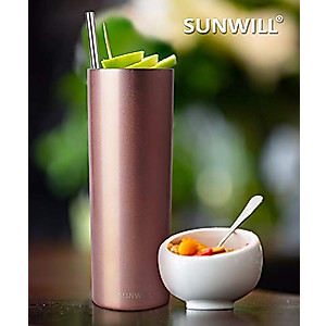 SUNWILL Straw Tumbler Skinny Travel Tumbler with Lid, Vacuum Insulated Double Wall Stainless Steel 20oz for Coffee, Tea, Beverages, Rose Gold