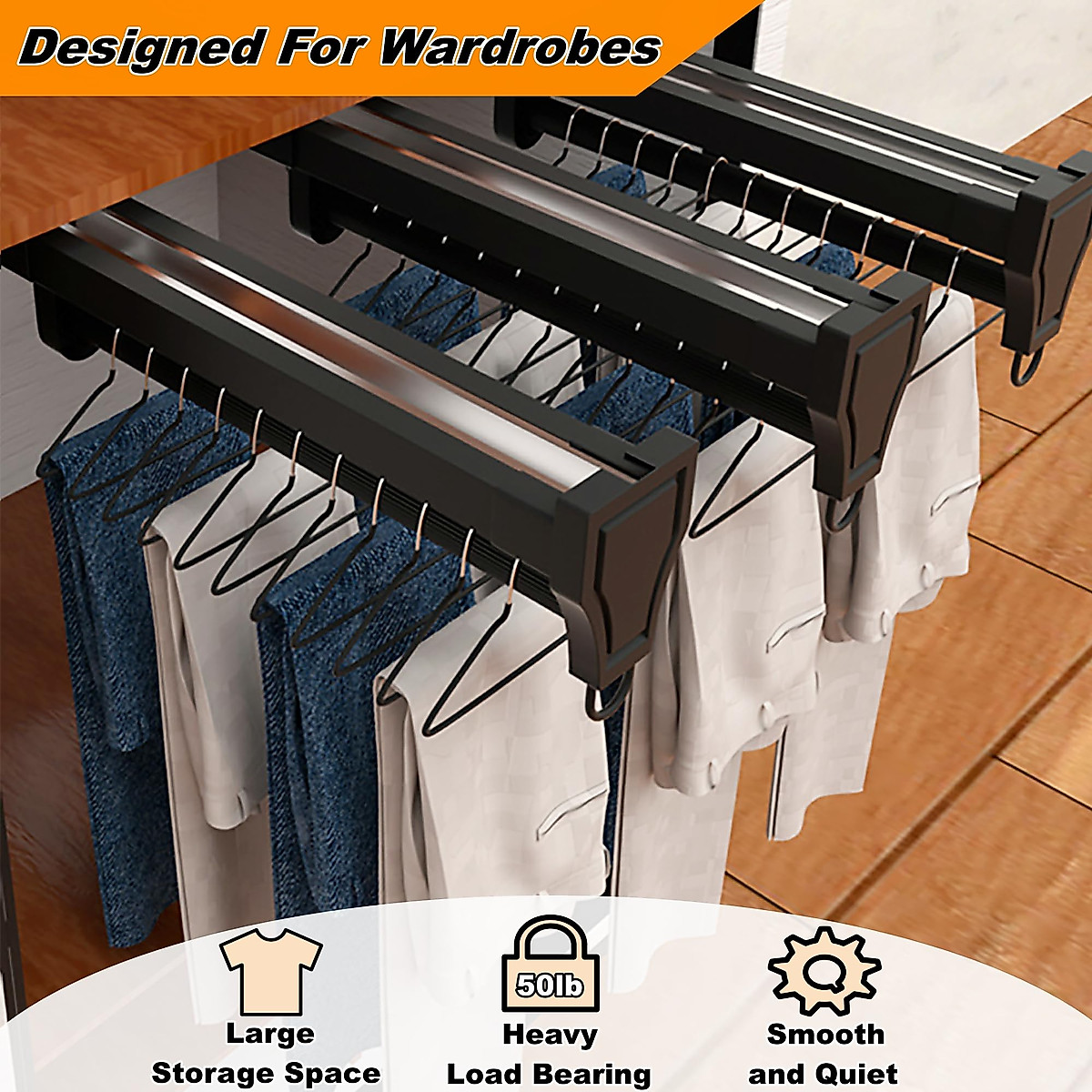 Alise Pull Out Clothes Hanger Rack for Closet,Heavy Duty Closet Rod with Automatic Soft-Close Mechanism for Closets,16 inch Closet Pull Out Metal Rod Organizer Hangers for Coats Pants Hangers,Black