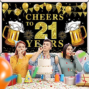 Happy 21st Birthday Banner Decorations, Black Gold Cheers to 21 years Backdrop Party Supplies, 21st Anniversary Photo Booth Poster Sign Decor (72.8 x 43.3 Inch)