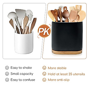 VIREESR Large Ceramic Utensil Holder for Countertop,Kitchen Utensil Holder with Bamboo Wooden Base,Cooking Utensil Holder,Easy to Clean,Tool Crock,Kitchen Tool Holder for Spatulas and Spoons(Black)