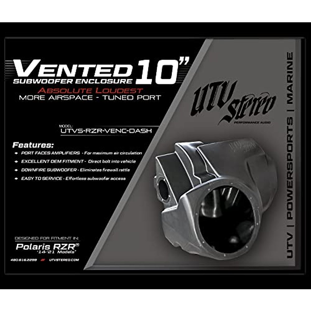 UTV Stereo RZR 10" Vented Sub Enclosure - Biggest Subwoofer Enclosure 9.5" Mounting Depth - Polaris RZR (Not for Pro XP Models)