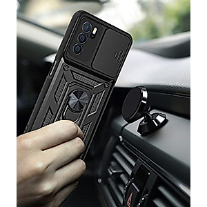 CCSmall Sturdy Case for Oppo A16 with Slide Camera Window, Heavy Duty Protection Phone Cover Case with Ring Stand for Oppo A16/A16s/A54s SJ Black