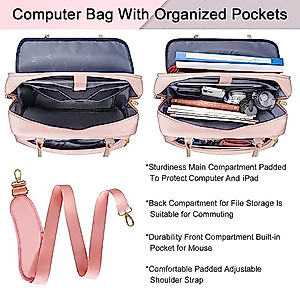 Laptop Bag for Women, 15.6 inch Computer Briefcase Sleeve Case, Large Water-resistant Cute Messenger Work Tote Bible Bag with Crossbody Shoulder Strap Gift for Office Travel Business College, Pink