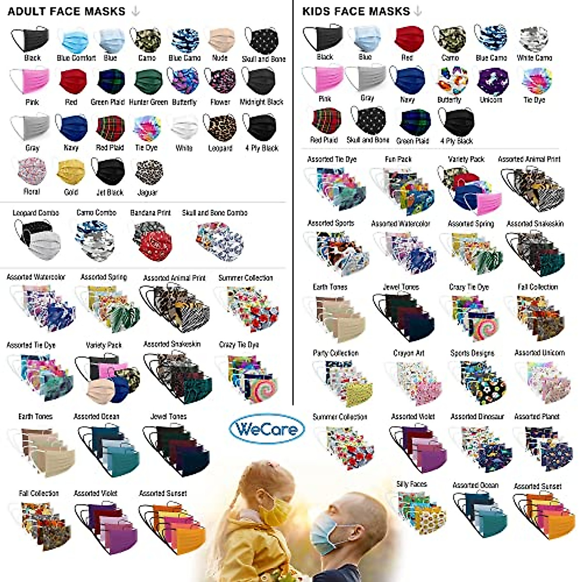 WECARE Disposable Face Masks For Kids, 50 Print Masks, Individually Wrapped for School and Travel (Fun Pack)