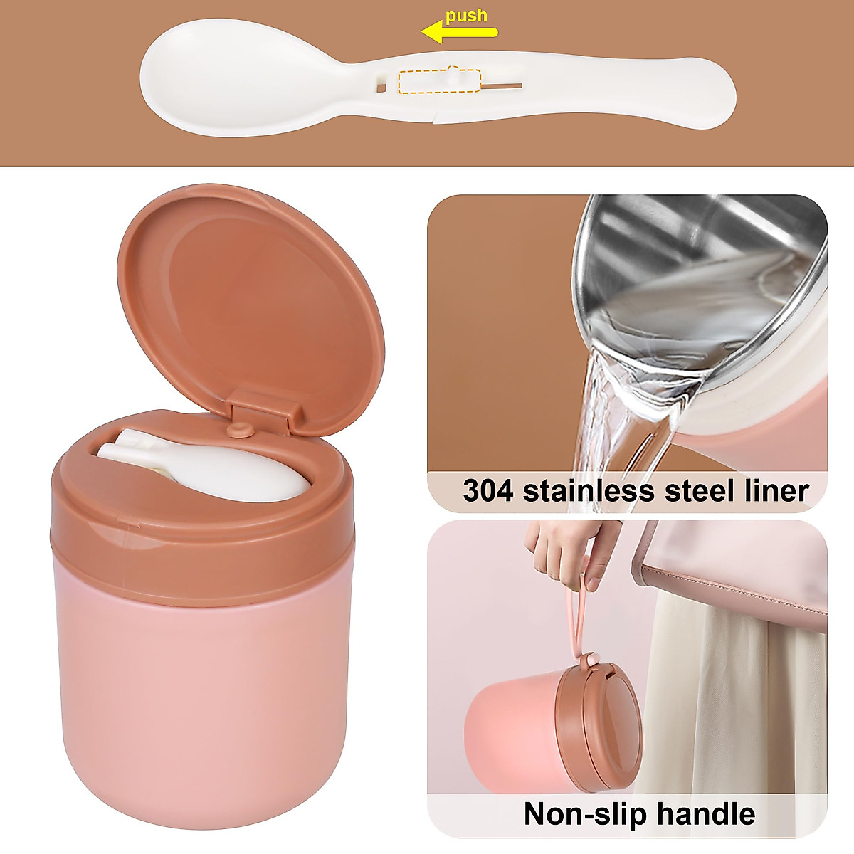 Insulated Food Container for Kids Adult - 15.2 Oz, Stainless Steel Vacuum Insulated Kids Food Jar with Folding Spoon, Leak Proof, Vacuum Insulated Thermo, Portable Food Bowl, Pink