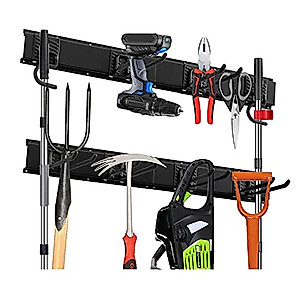Garage Tool Organizer Wall Mount, 12 PCS Garden Tool Rack Garage Storage, 8 Heavy Duty Adjustable Hooks Steel and 4 Rails Aluminum, 450 LBS Max Load