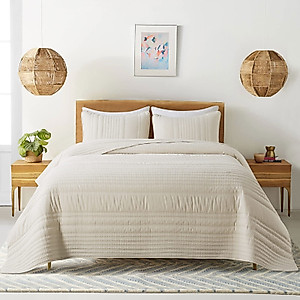 HIARUO Queen Quilt Bedding Set, Full Size Striped Coverlet Bedspread (90x90 inch) with 2 Pillow Shams (20x26 inch) for All Season, Beige/White