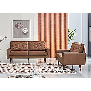 Container Furniture Direct Modern Style Faux Leather Loveseat with Elegant Round Tapered Legs and Button Tufted Backrest Perfect for Living Room, Bedroom or Home Office, 57.5’’ Wide, Brown